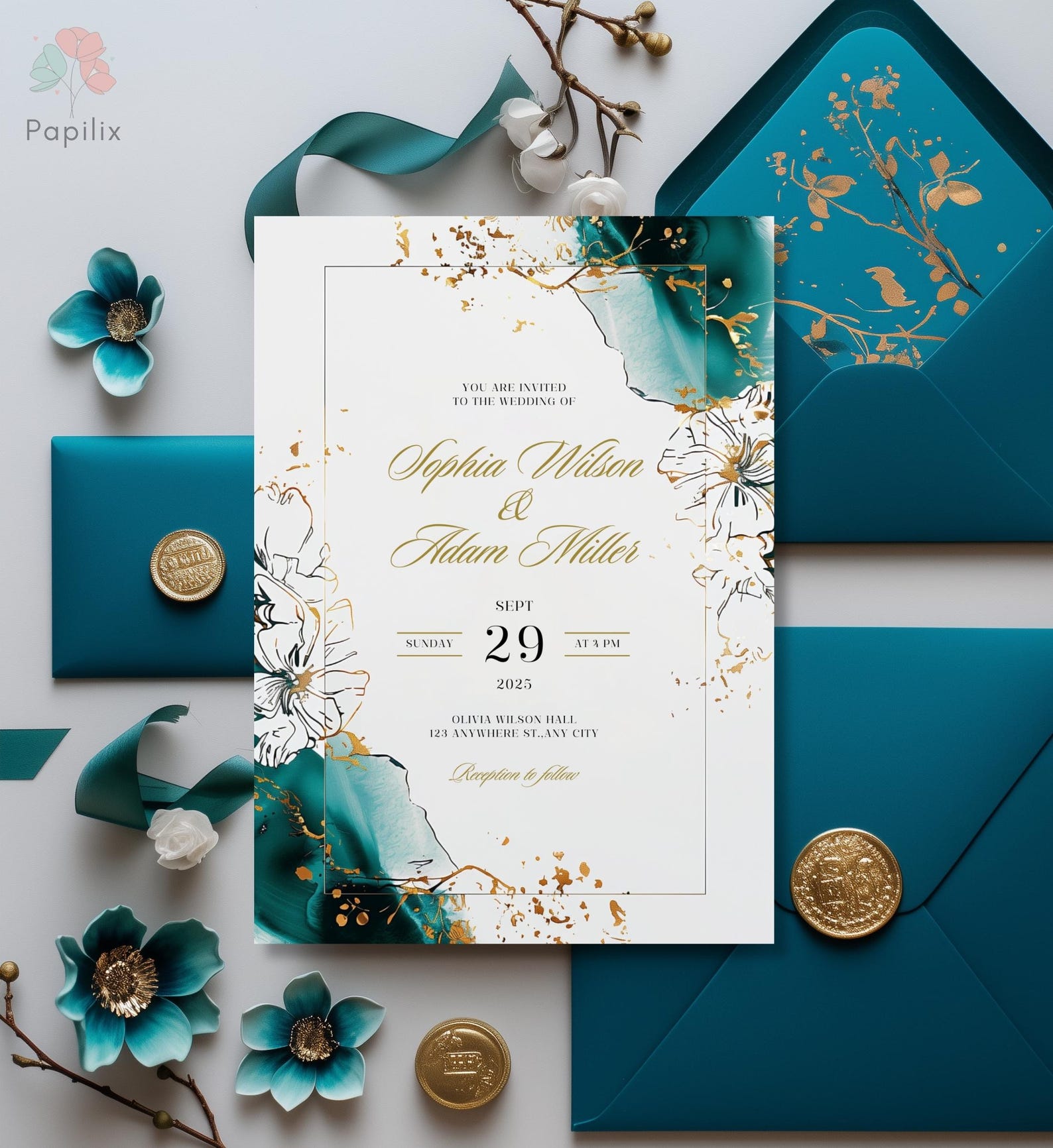 Teal and Gold Wedding Invitation, Floral Elegance Invite, Golden ...