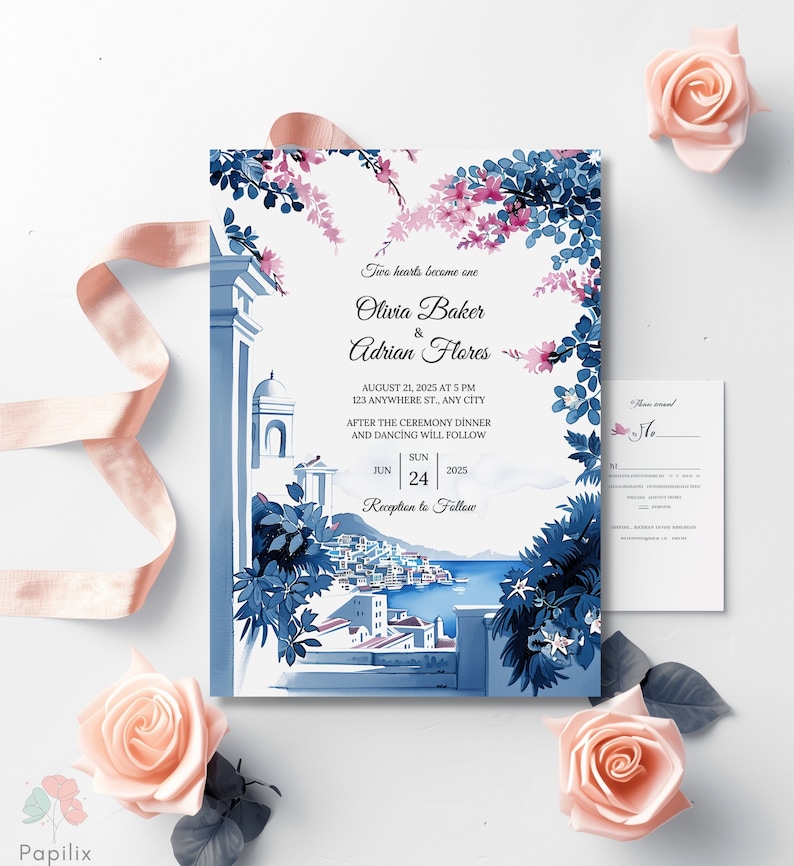 Mediterranean Seaside Village Wedding Invite, Blue and Pink Floral ...