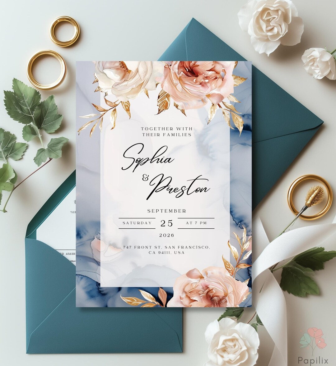 Dusty Blue & Blush Pink Cream Floral Wedding Invitation Template, Gold ...