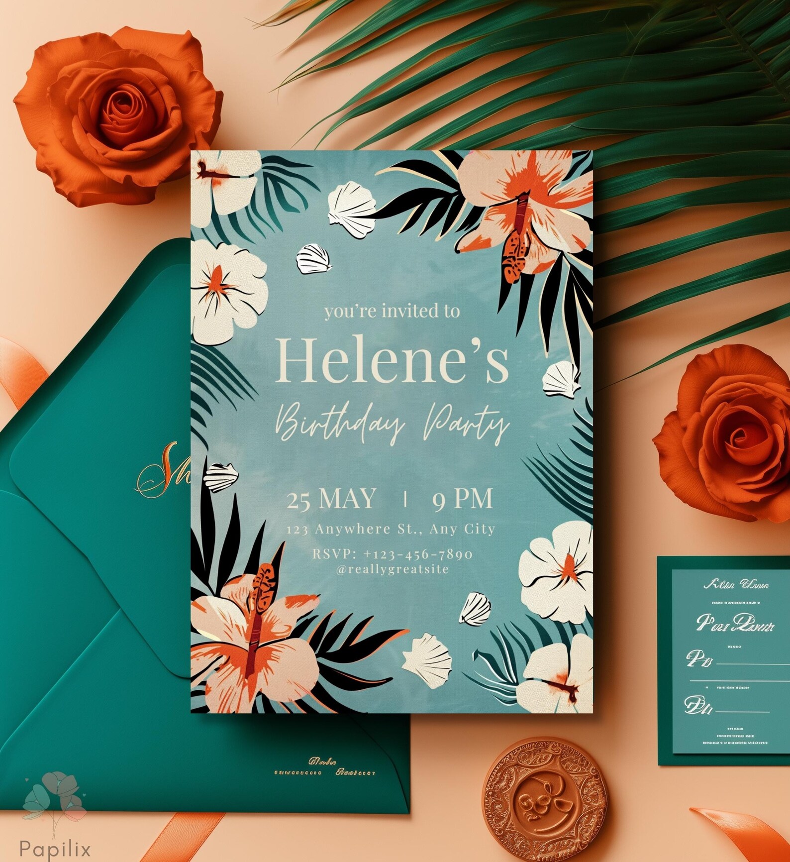 Tropical Floral Party Invitation, Hibiscus and Palm Leaf Party Invite ...