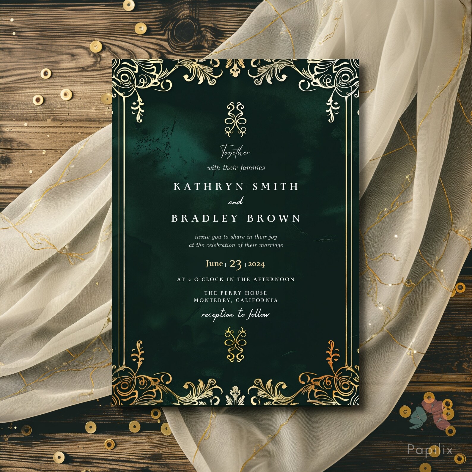 Emerald Green and Gold Wedding Invitation, Elegant Dark Green Floral ...