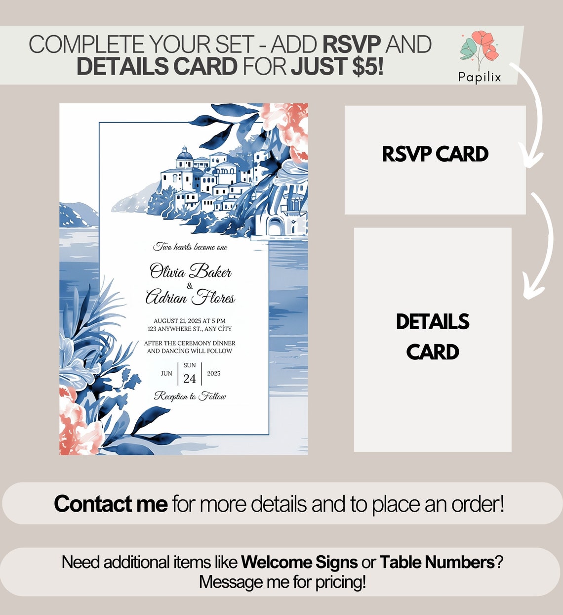 Mediterranean Coastal Wedding Invitation, Blue Amalfi Coast Invite ...