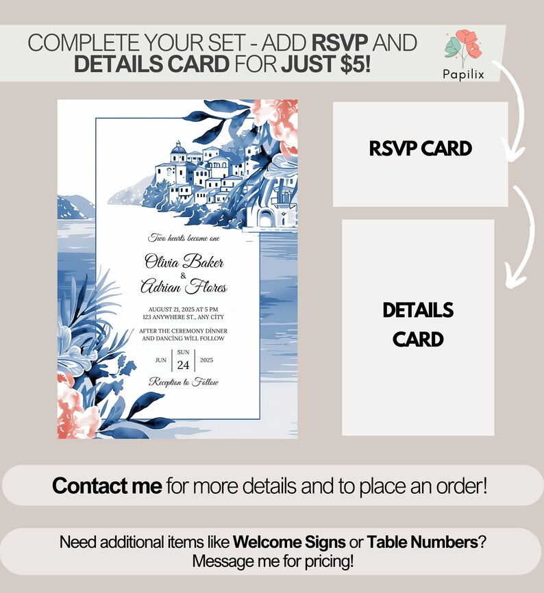 Mediterranean Coastal Wedding Invitation, Blue Amalfi Coast Invite ...