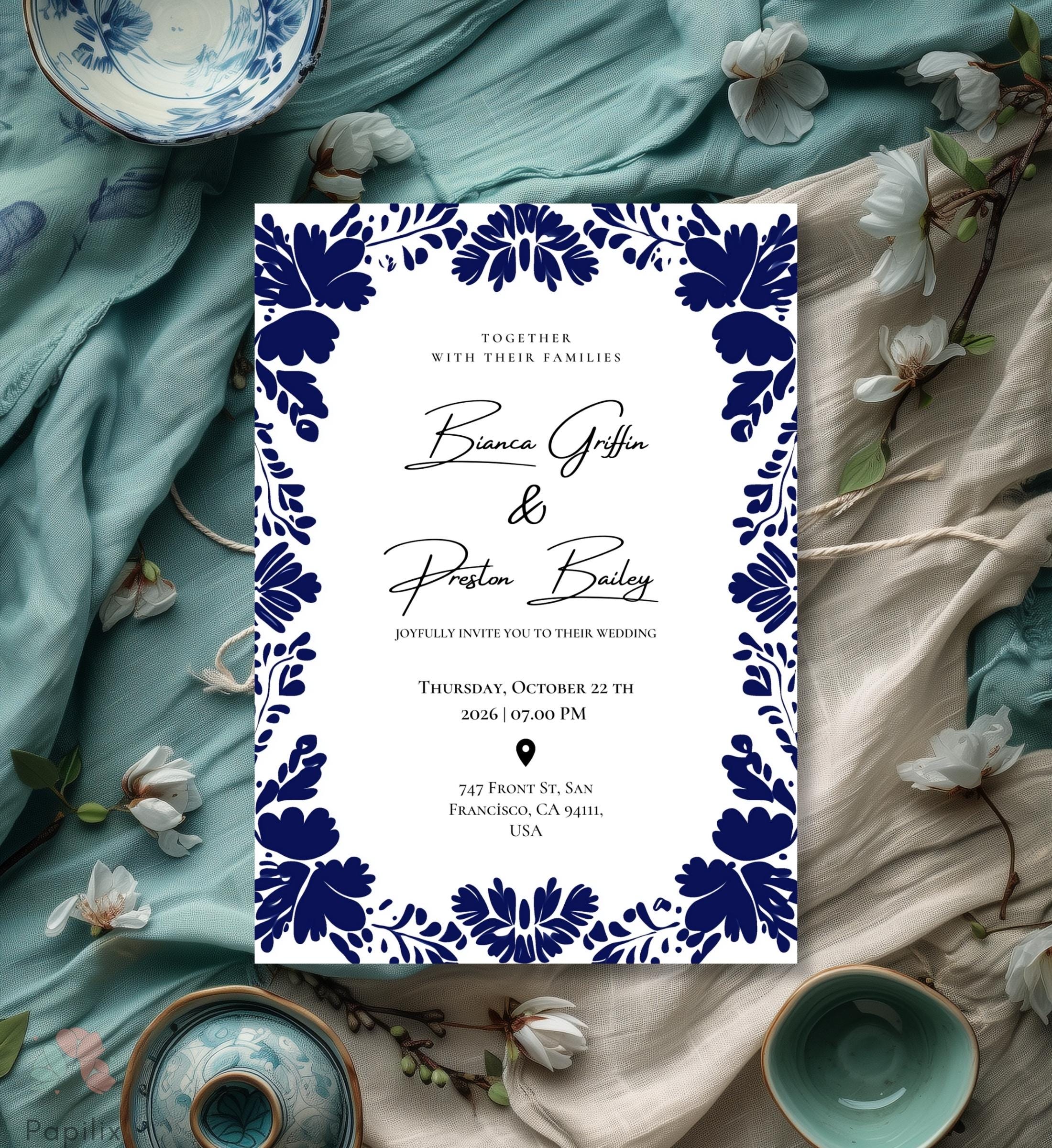 Blue Talavera Tile Wedding Invitation, Mexican Folk Art Invitation ...