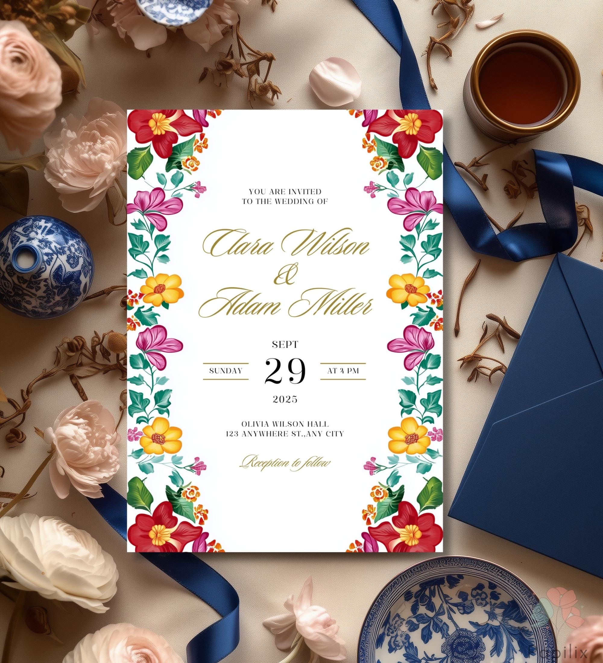 Mexican Floral Wedding Invitation Template, Colorful Floral Border ...