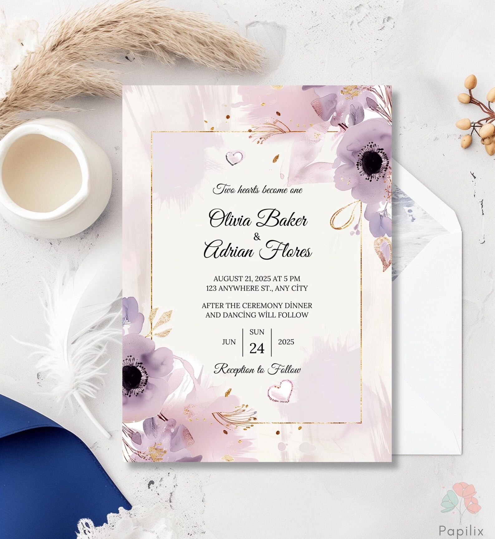 Soft Pastel Floral Wedding Invitation, Purple and Gold Watercolor ...