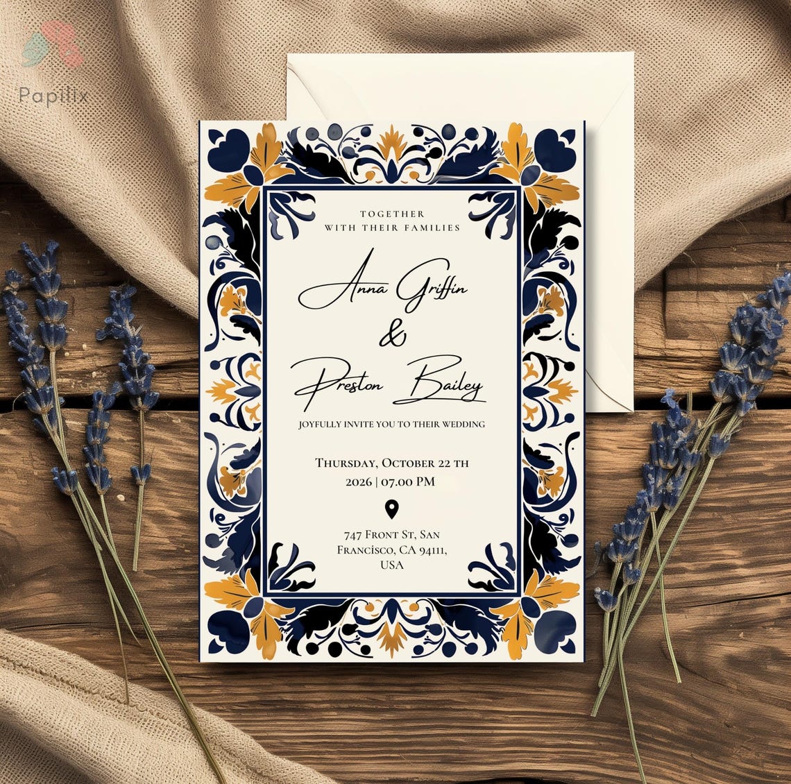 Mexican Wedding Invitation, Talavera Tile Design, Navy and Gold Floral ...