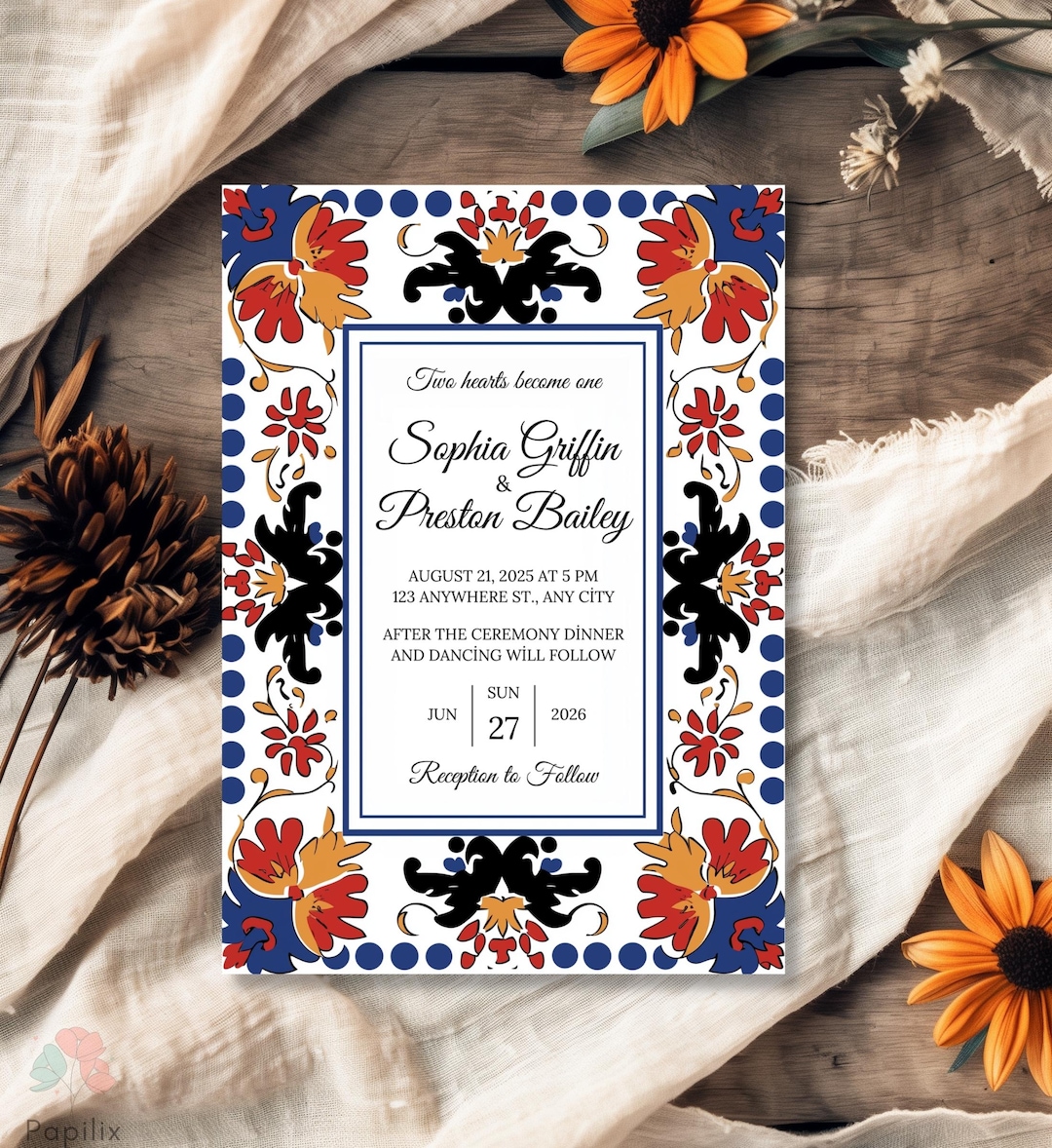 Mexican Wedding Invitation Template, Talavera Tile Inspired Invites ...