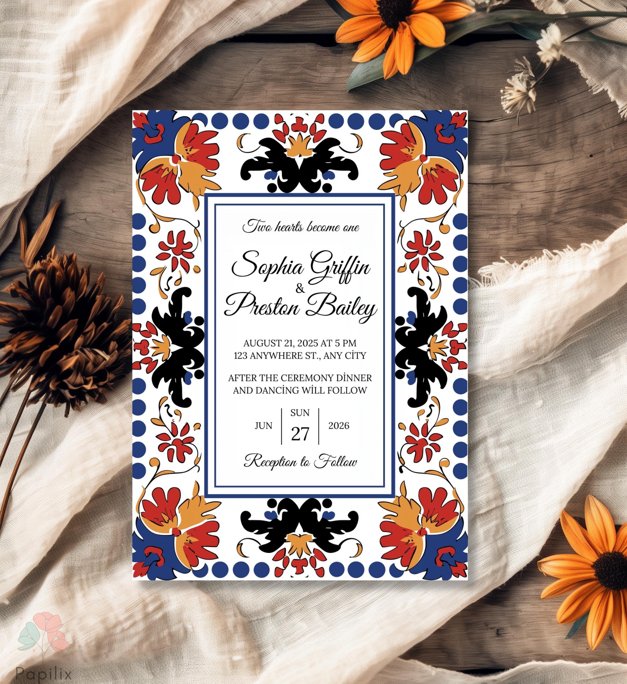Mexican Wedding Invitation Template, Talavera Tile Inspired Invites ...