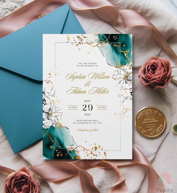 Aqua Bling Wedding Invitations Delicate Orange Watercolor Wedding