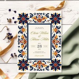 Mexican Wedding Invitation, Talavera Tile Inspired Invites, Red and ...