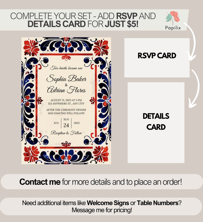 Mexican Wedding Invitation, Talavera Tile Invites, Red and Blue Floral ...