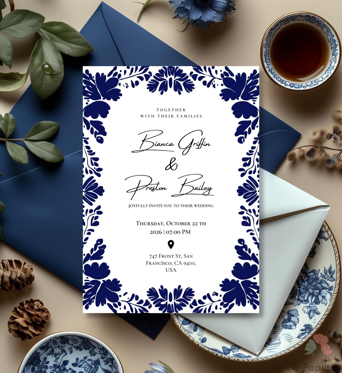 Blue Talavera Tile Wedding Invitation, Mexican Folk Art Invitation ...