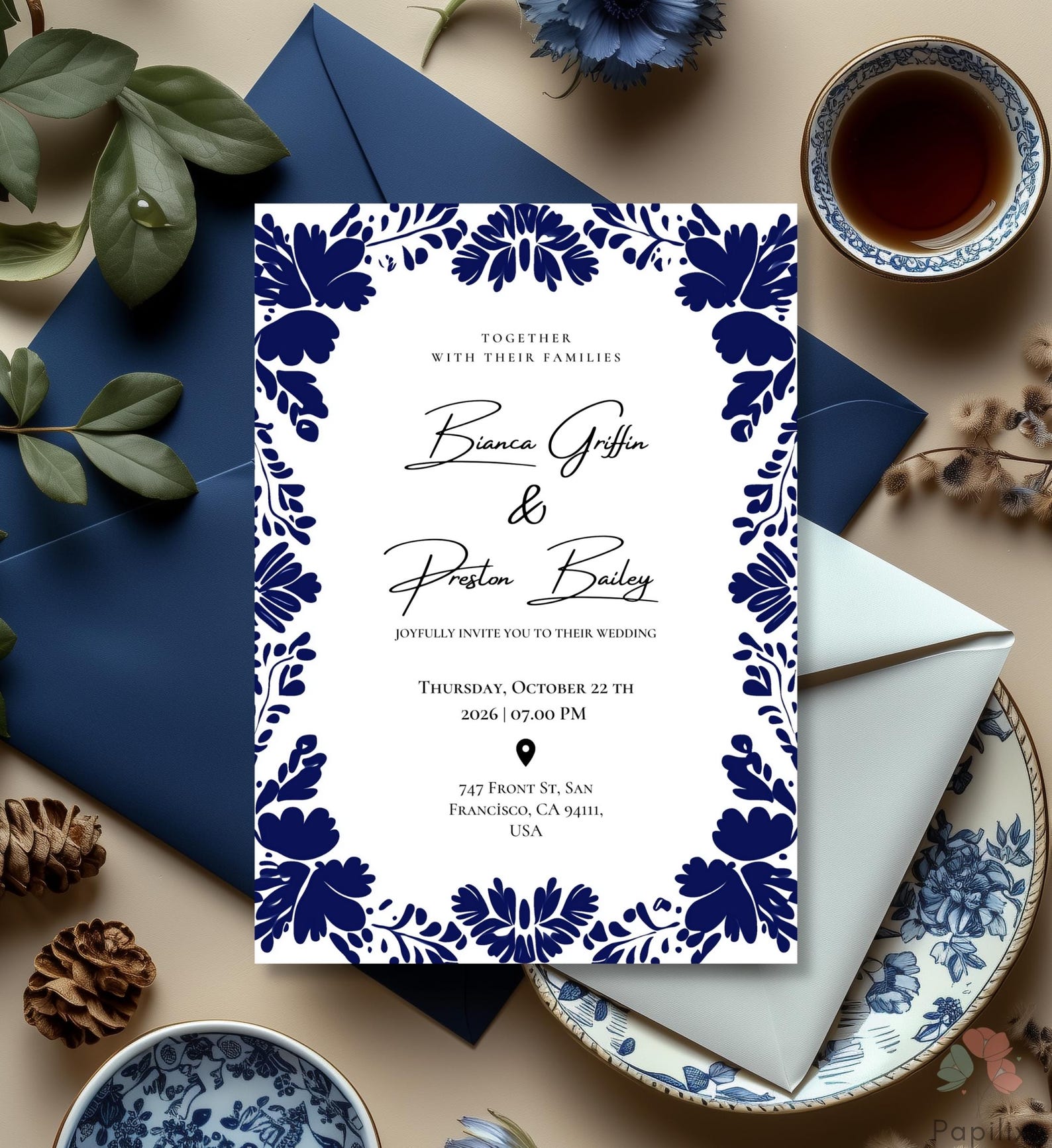 Blue Talavera Tile Wedding Invitation, Mexican Folk Art Invitation ...