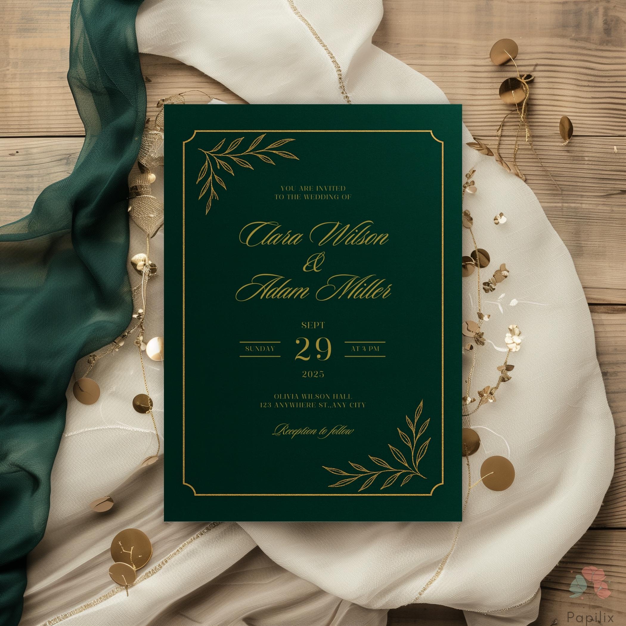 Emerald Green Wedding Invitation Template, Gold Border Elegant Invite ...