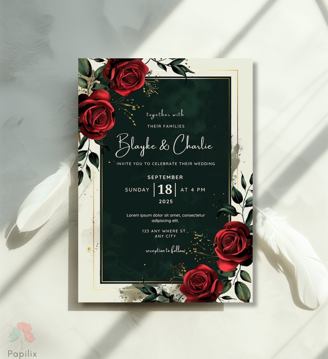 Elegant Emerald Green and Gold Wedding Invitation, Red Rose Floral ...