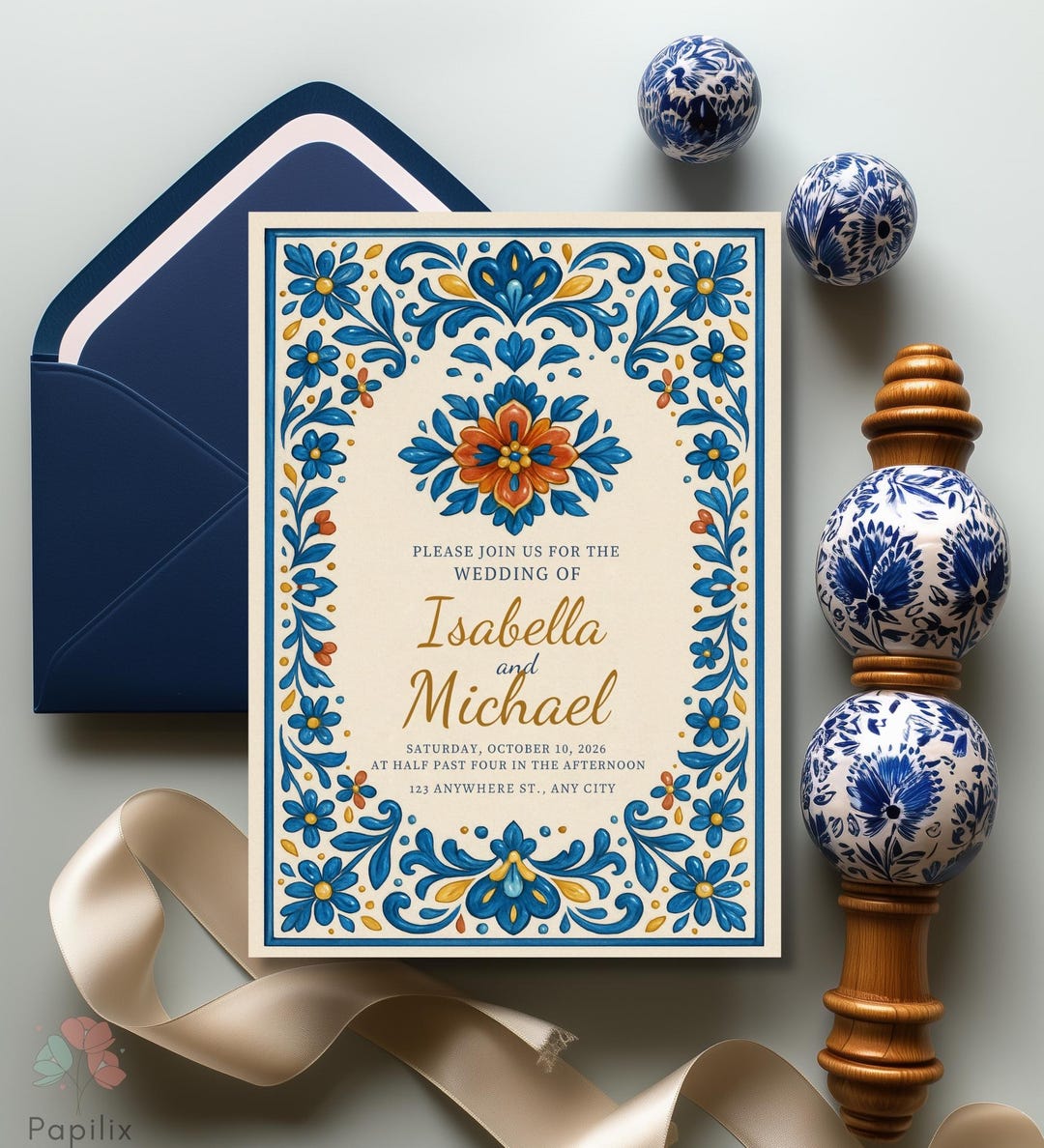 Mexican Wedding Invitation Template, Talavera Tile Fiesta Invites, Blue ...