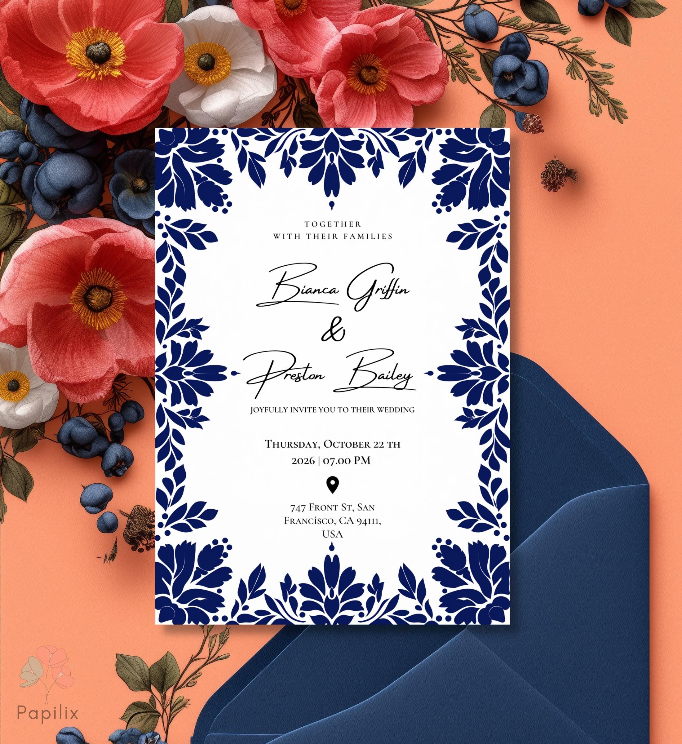 Blue Floral Wedding Invitation, Talavera Tile Inspired Invites, Navy ...