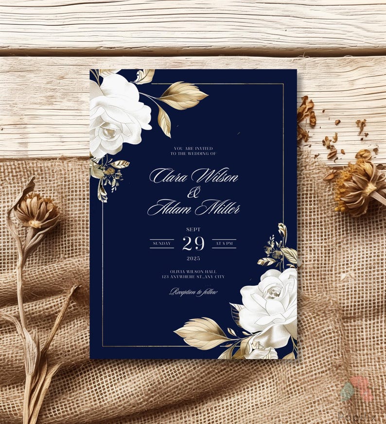 Navy Blue and Gold Wedding Invitation Template, Elegant White Rose ...