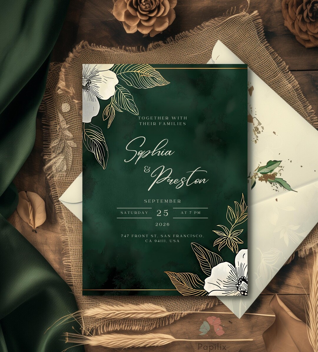 Emerald Green Wedding Invitation, Gold Floral Invites, Dark Green and ...