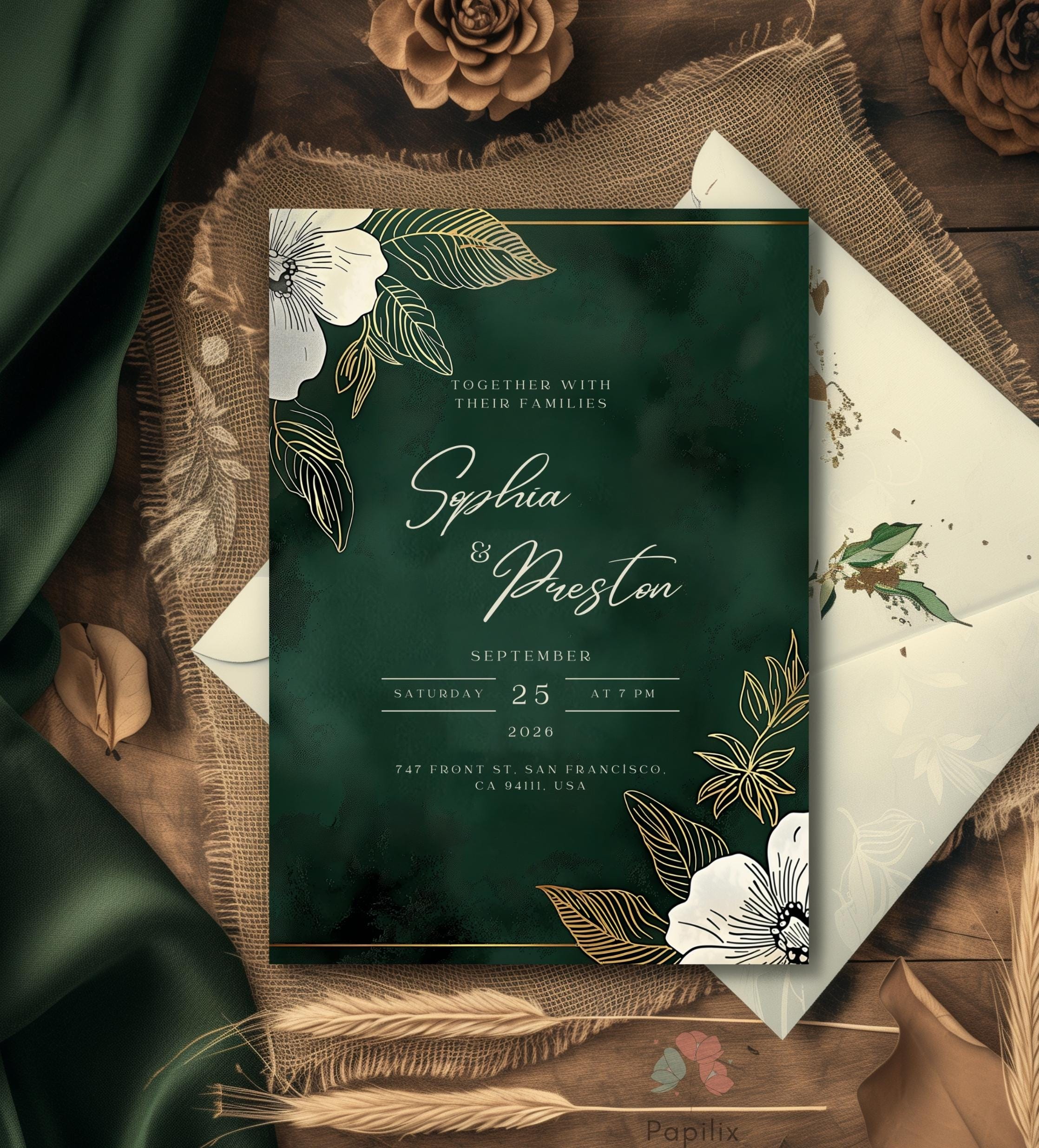 Emerald Green Wedding Invitation, Gold Floral Invites, Dark Green and ...