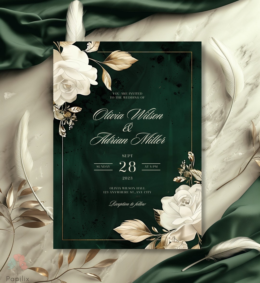 Emerald Green and Gold Floral Wedding Invitation, Elegant Greenery ...