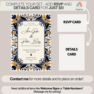 Mexican Wedding Invitation, Talavera Tile Design, Navy and Gold Floral ...