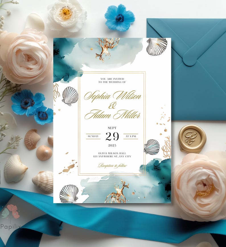 Nautical Wedding Invitation, Ocean Blue and Gold Invite, Summer Beach Themed Shells and Coral ...