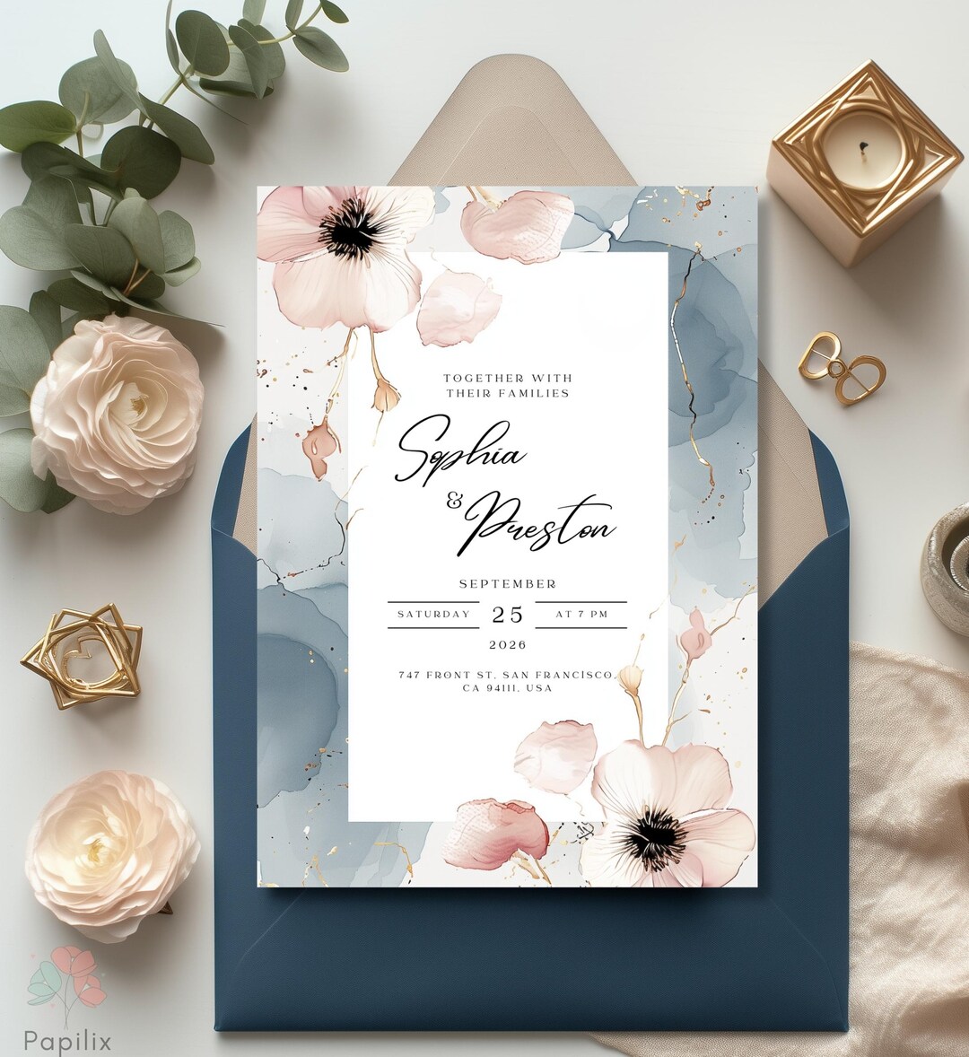 Blush Pink and Dusty Blue Watercolor Invites, Elegant Floral Editable ...