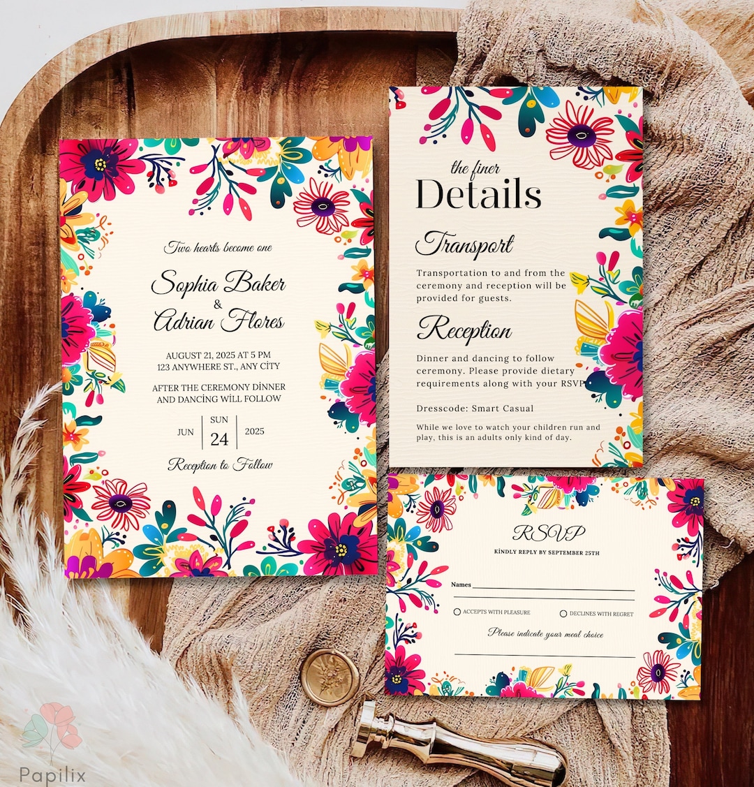 Colorful Floral Wedding Invitation Set, Vibrant Boho and Tropical ...
