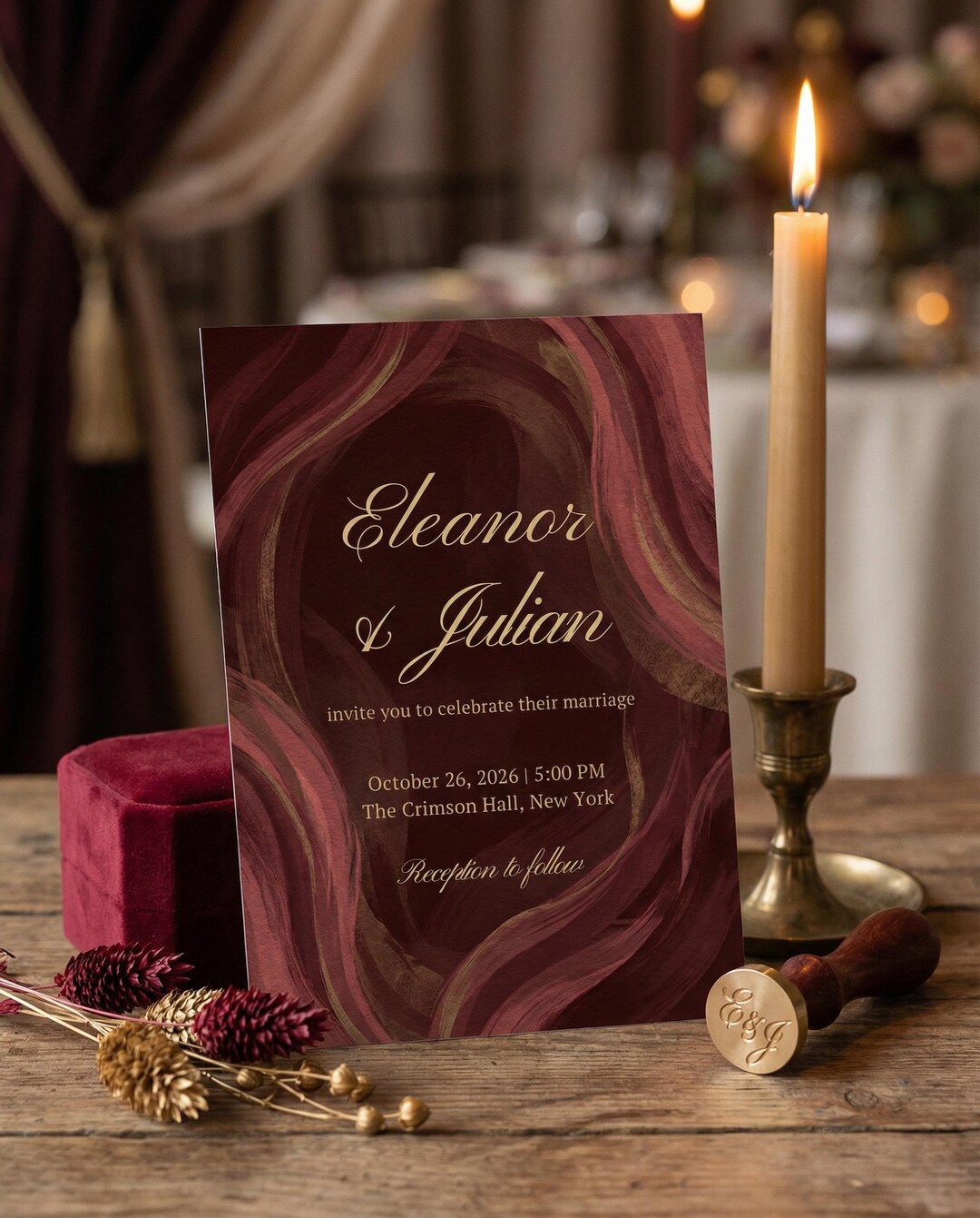 Burgundy Abstract Wedding Invitation, Wine Red Line Art Invite, Deep ...