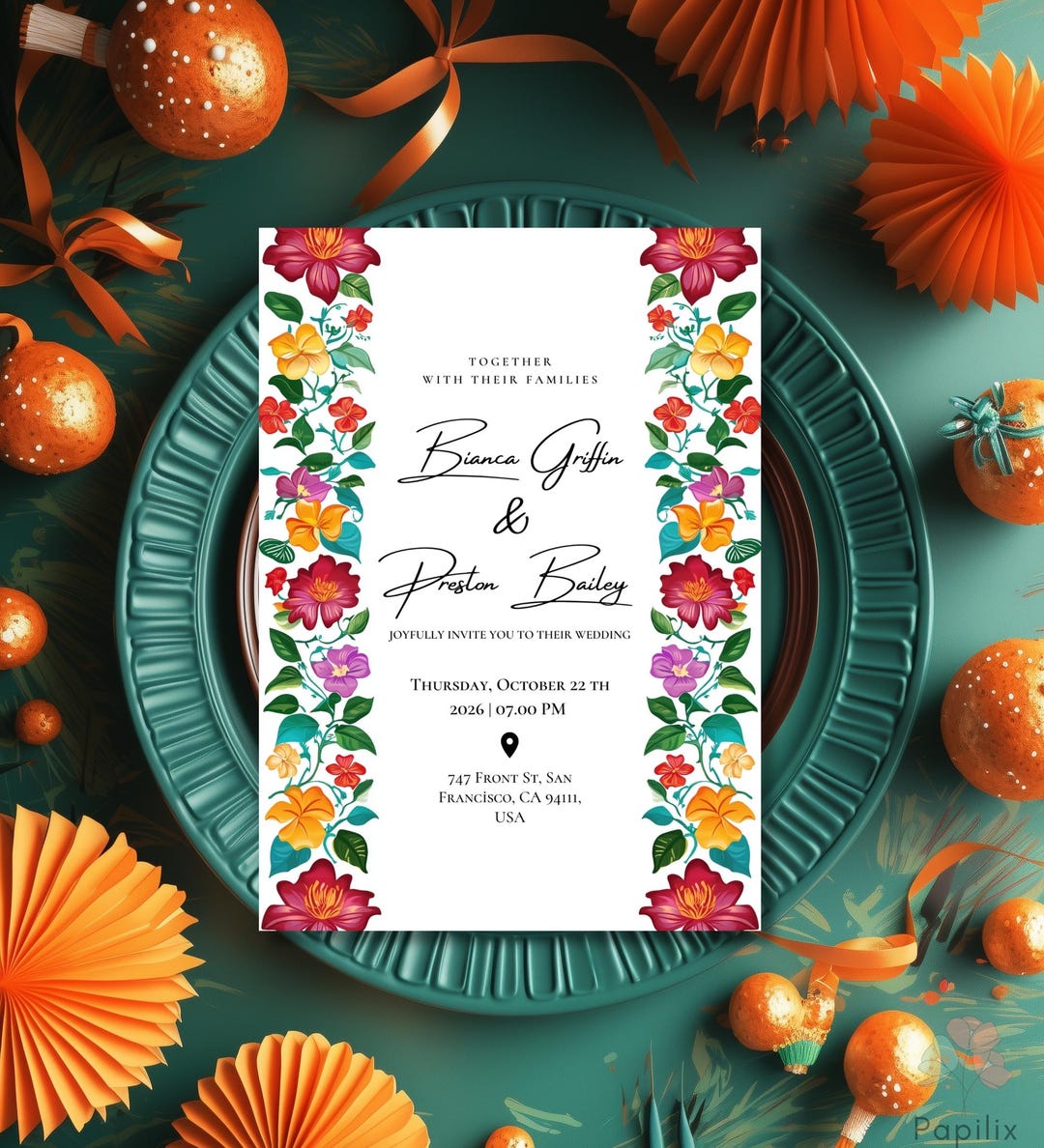 Colorful Floral Border Invitation Template, Tropical Wedding Invite ...