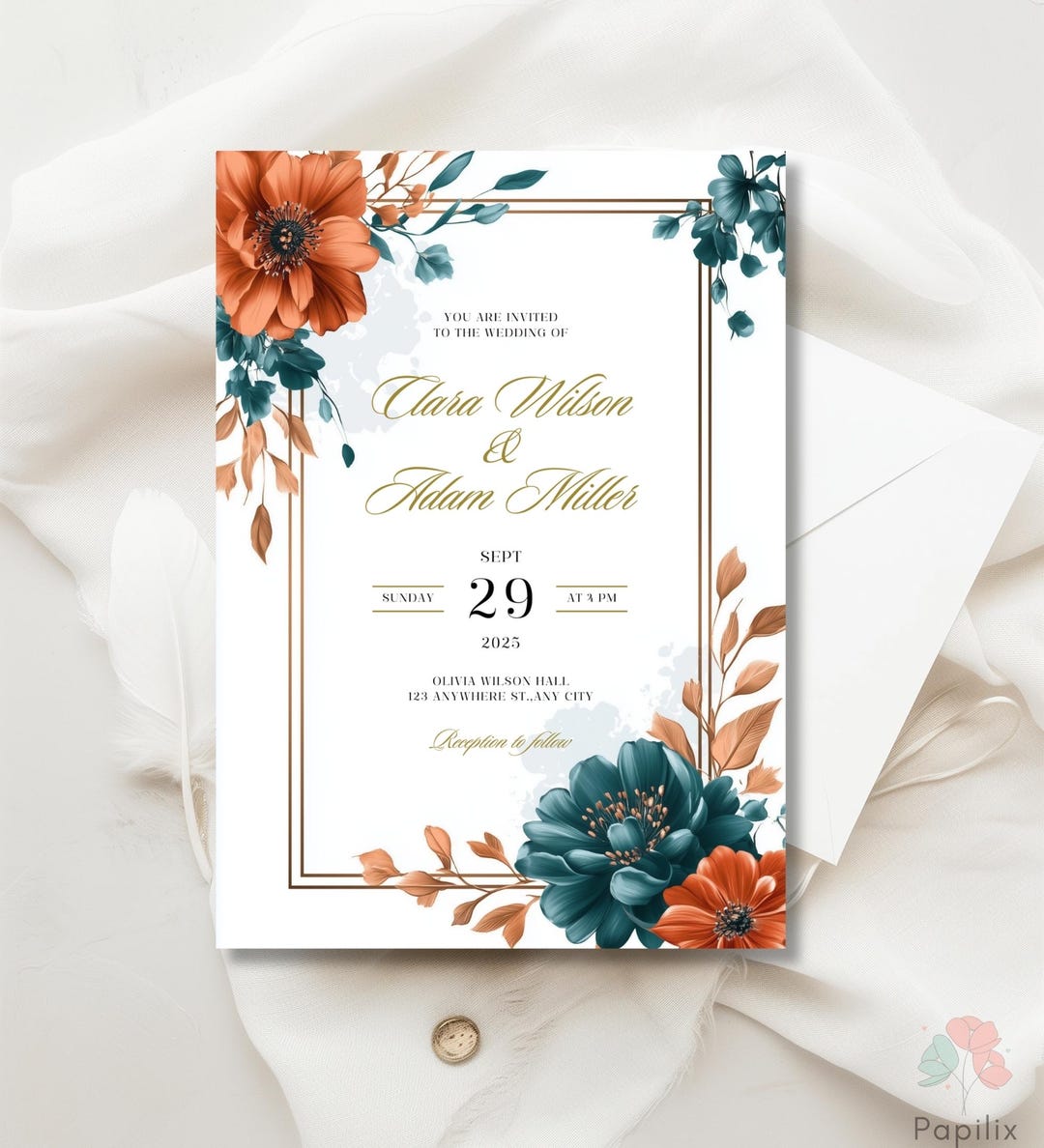 Copper and Teal Wedding Invitation Template, Floral Boho Invites ...