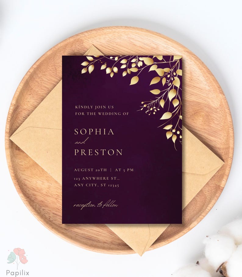 Dark Purple and Gold Wedding Invitation Template, Elegant Invites ...
