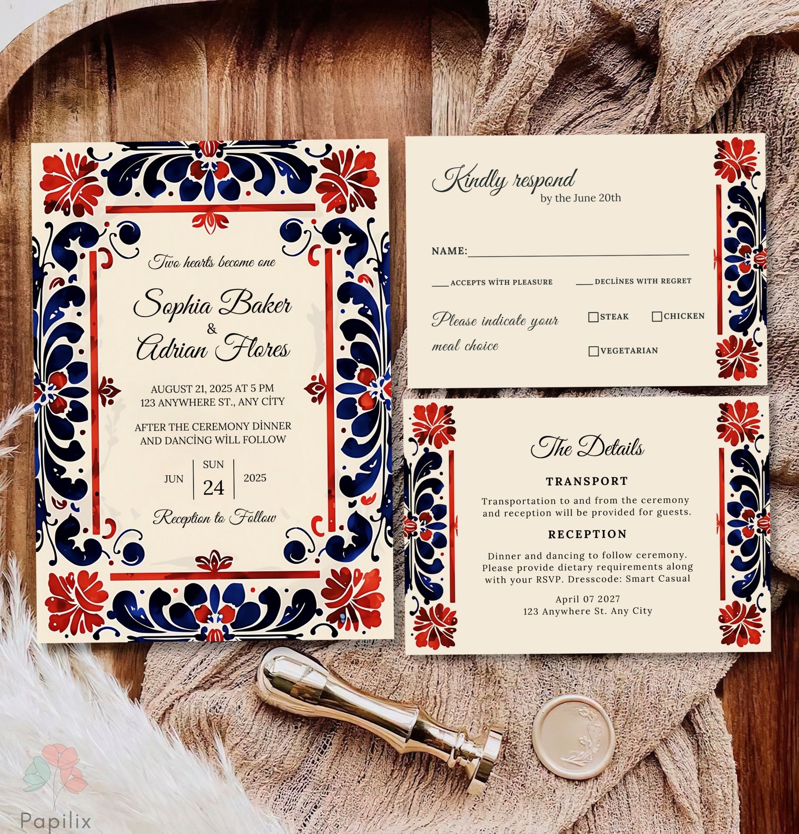 Mexican Wedding Invitation, Talavera Tile, Red & Blue Floral Invites ...