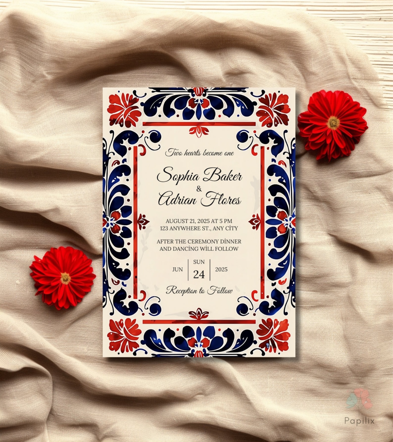 Mexican Wedding Invitation, Talavera Tile Invites, Red and Blue Floral ...