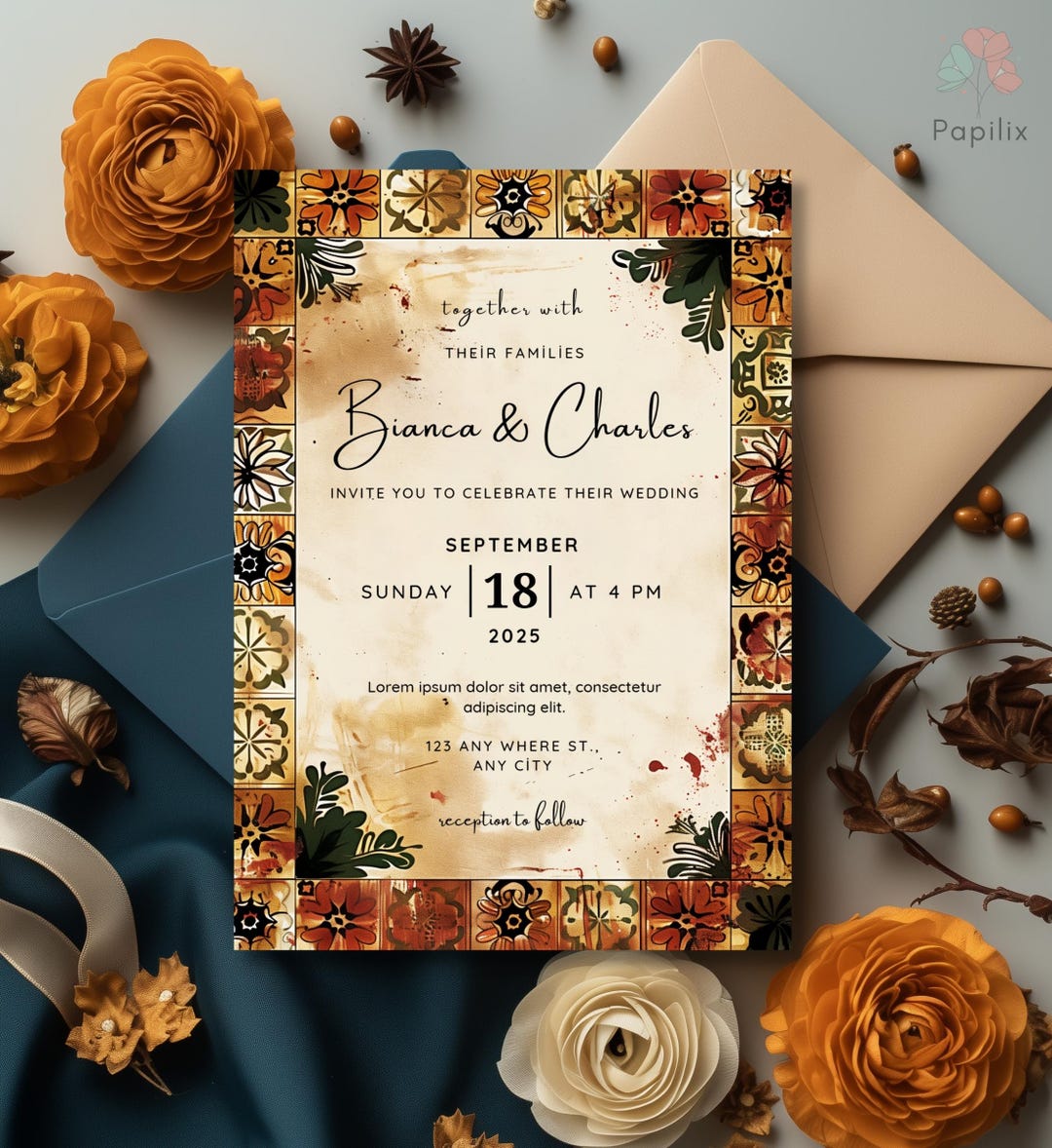 Talavera Tile Border Blank Wedding Invitation, Fiesta Theme Party ...