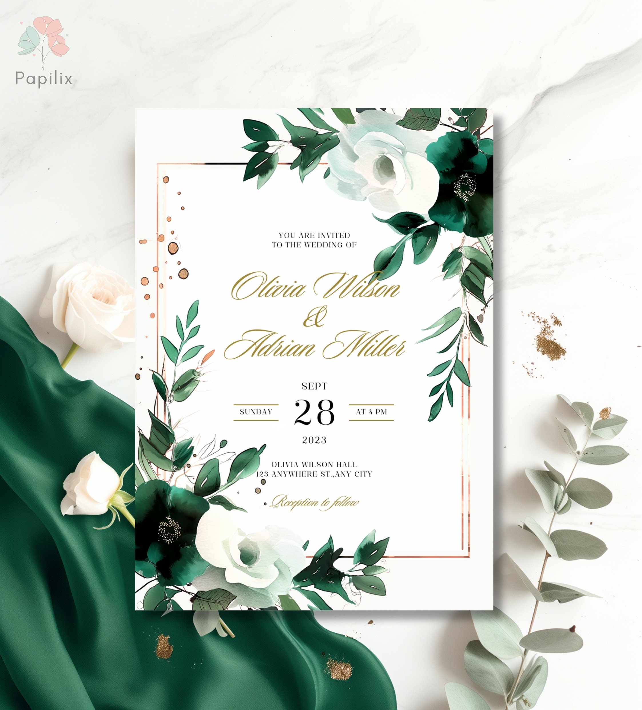 Emerald Green Floral Wedding Invitation Template, Elegant Botanical ...