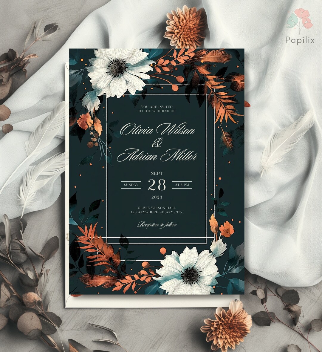 Boho Wedding Invitation, Rustic Floral Invites, Dark Teal and Burnt ...