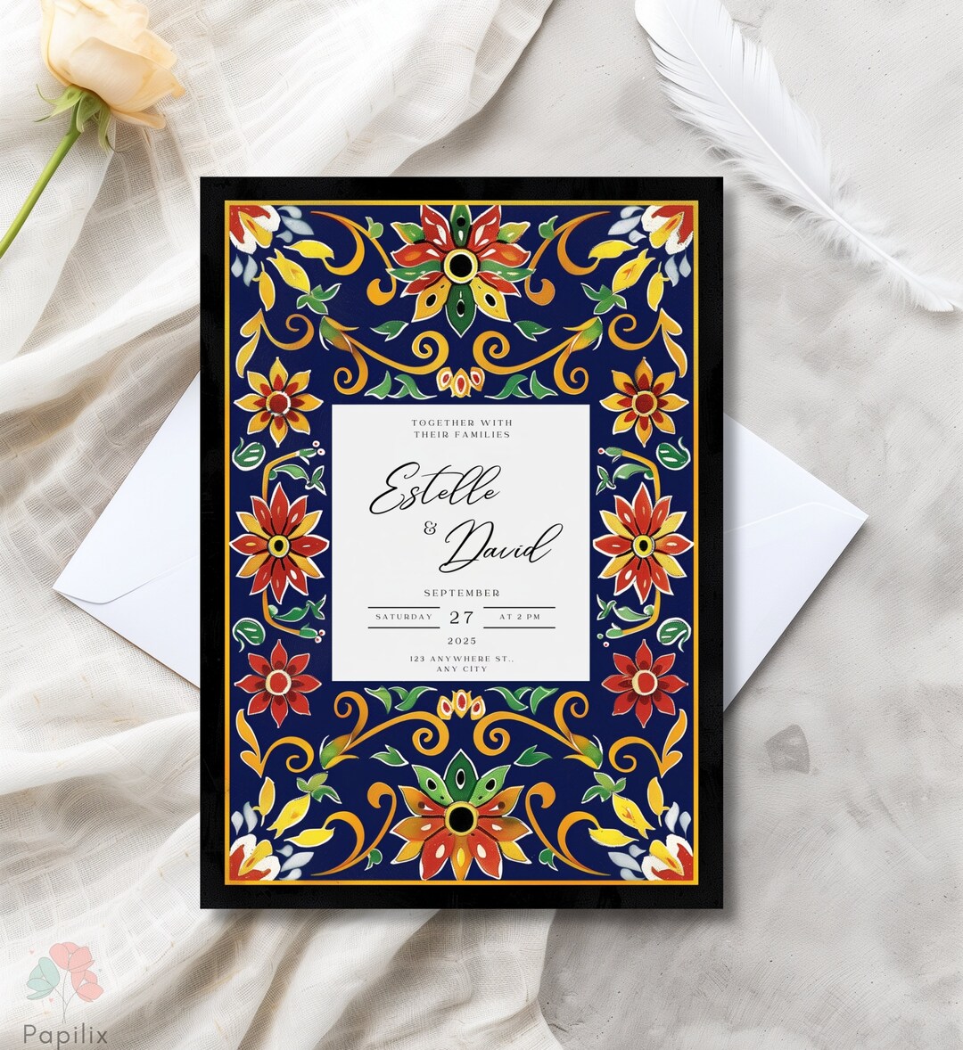Mexican Wedding Invitation, Talavera Tile Fiesta Invite, Red and Blue ...