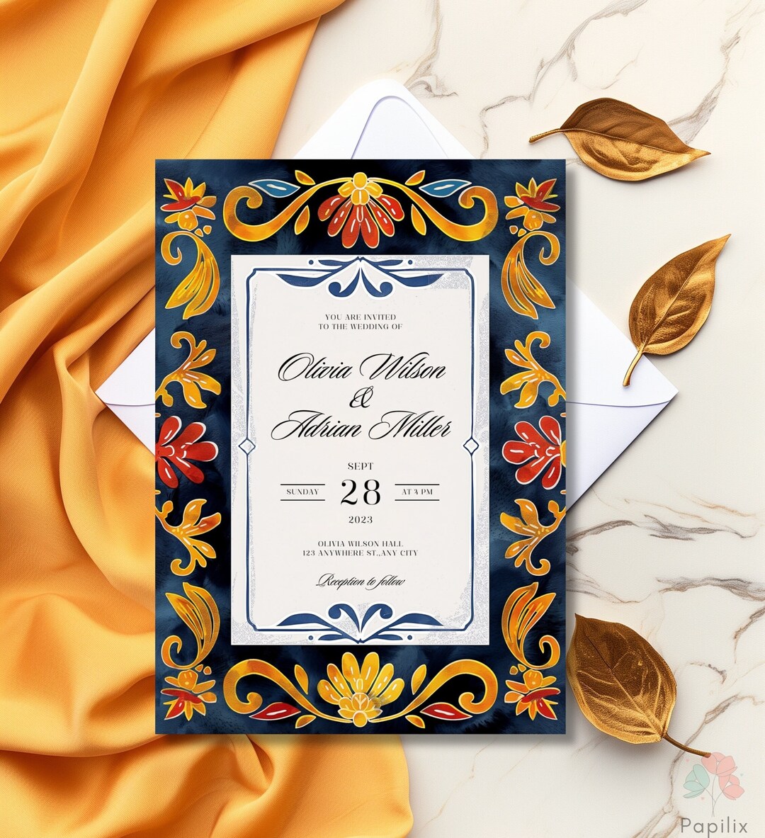 Mexican Wedding Invitation, Talavera Tile Inspired, Rustic Boho Floral ...