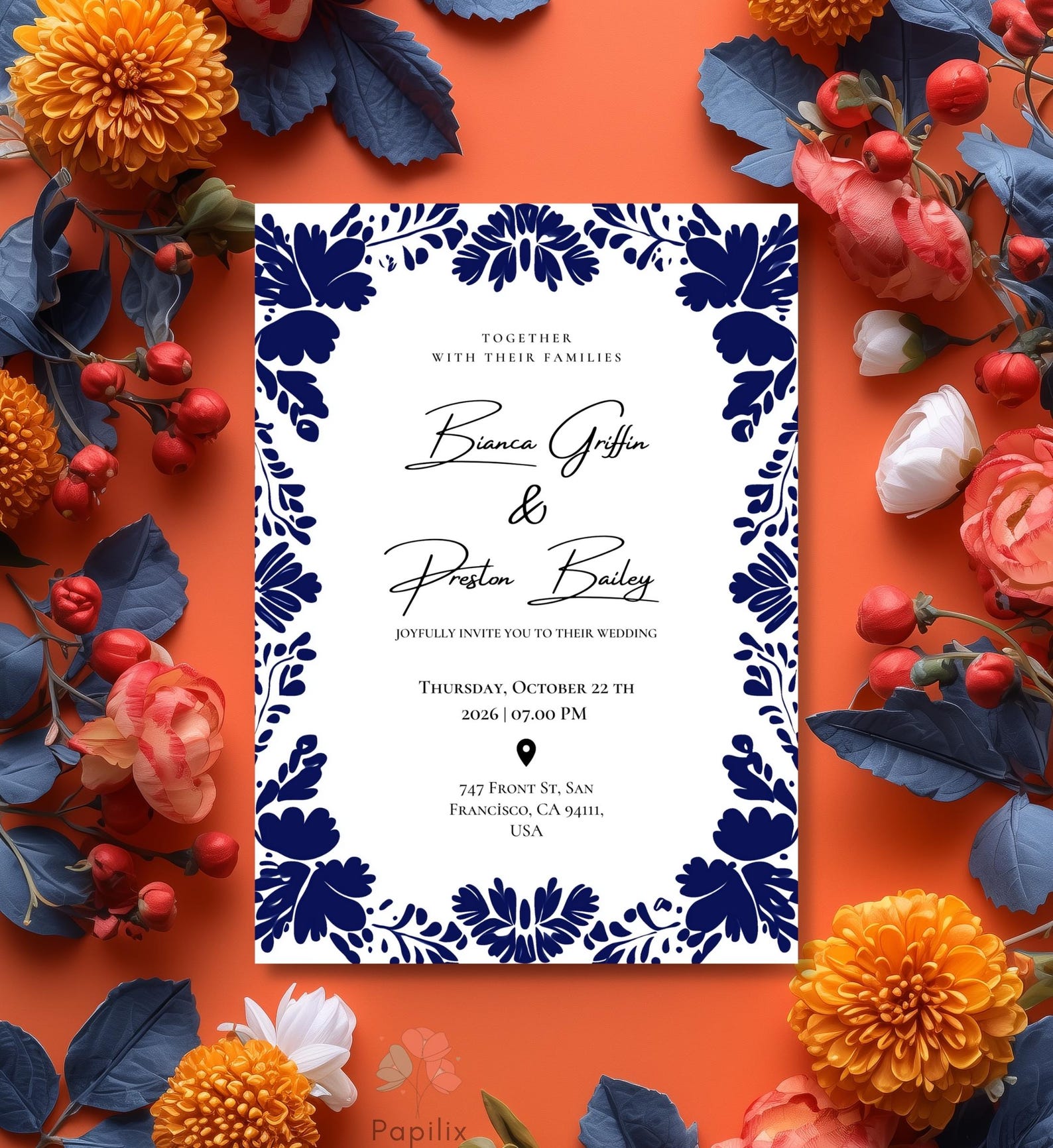 Blue Talavera Tile Wedding Invitation, Mexican Folk Art Invitation ...