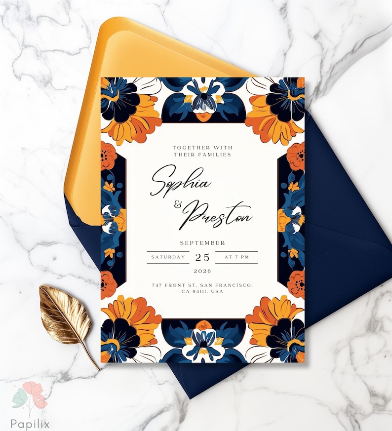Mexican Wedding Invitation, Talavera Tile Inspired Invites, Blue and ...