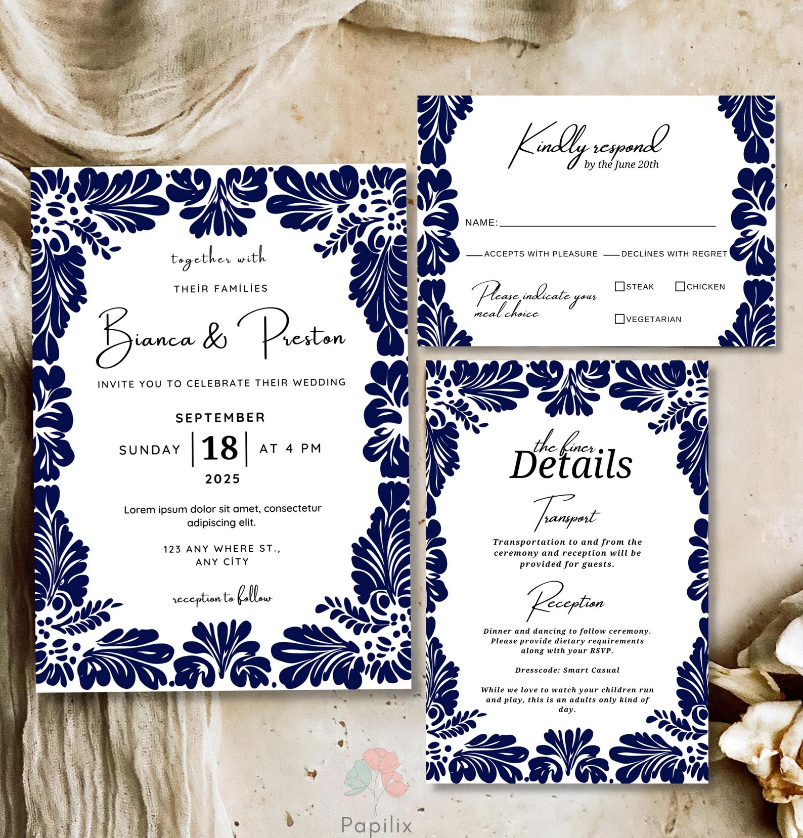 Navy Blue Floral Wedding Invitation Set, Mexican Tile Wedding Invite ...