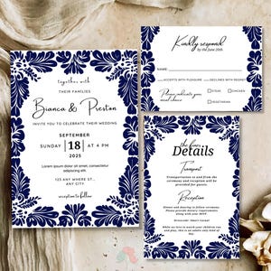 Navy Blue Floral Wedding Invitation Set, Mexican Tile Wedding Invite ...