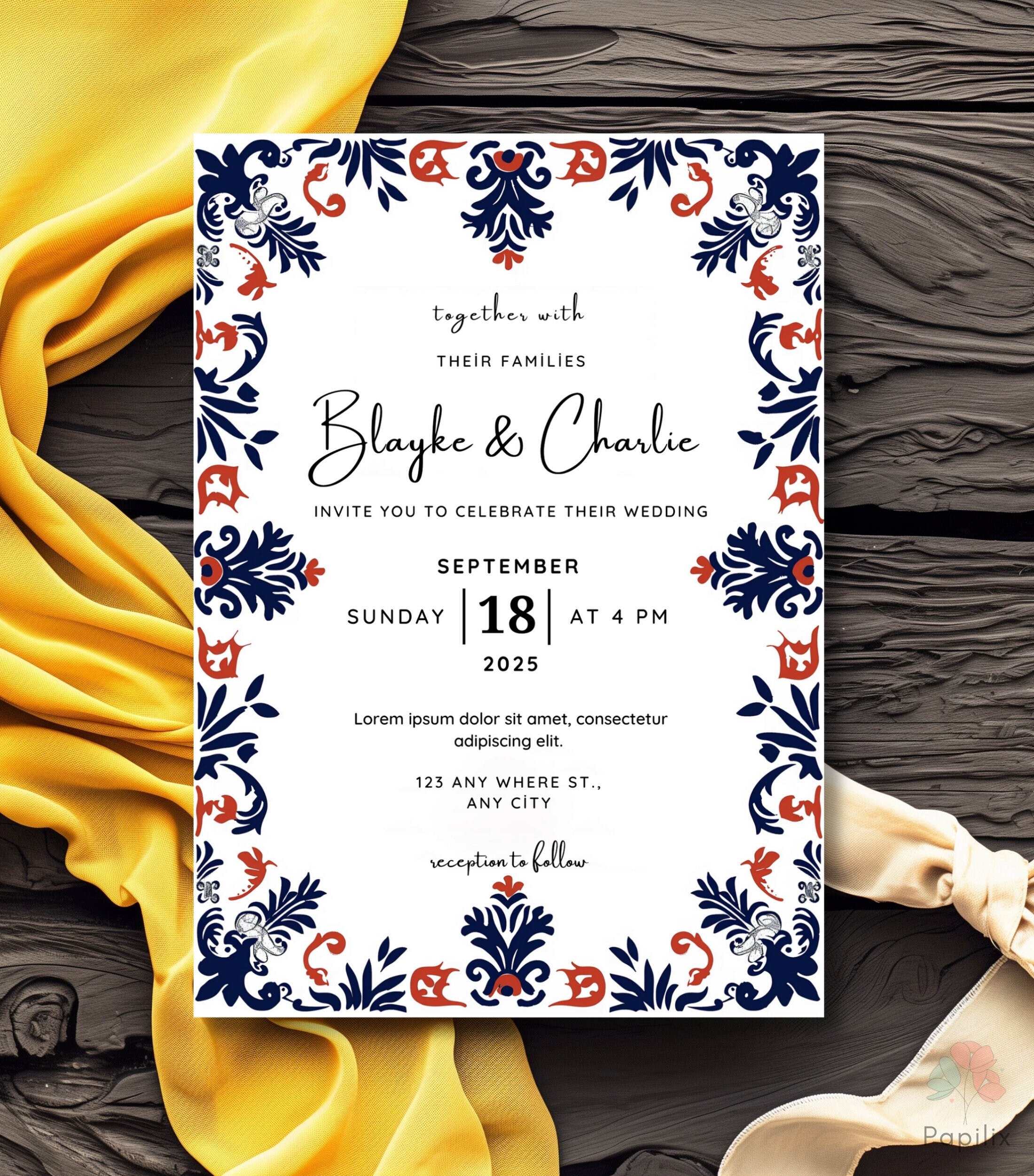 Mexican Talavera Tile Wedding Invitation, Blue and Red Folk Art Invite ...