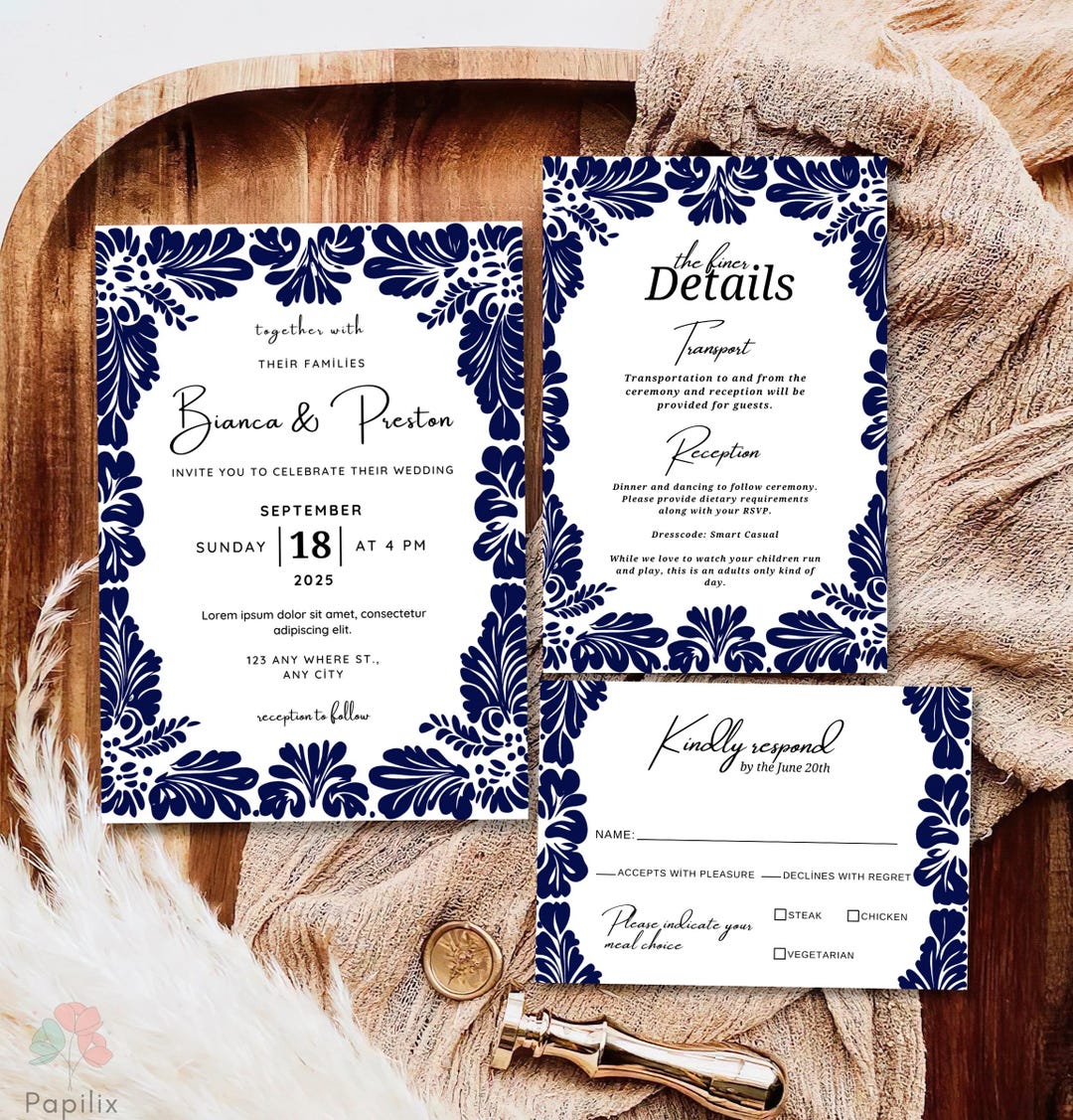 Navy Blue Floral Wedding Invitation Set, Mexican Tile Wedding Invite ...