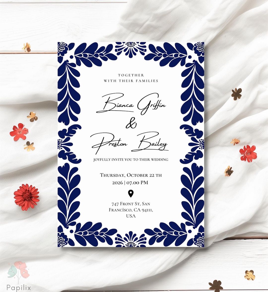 Mexican Wedding Invitation, Blue and White Talavera Floral Invite ...