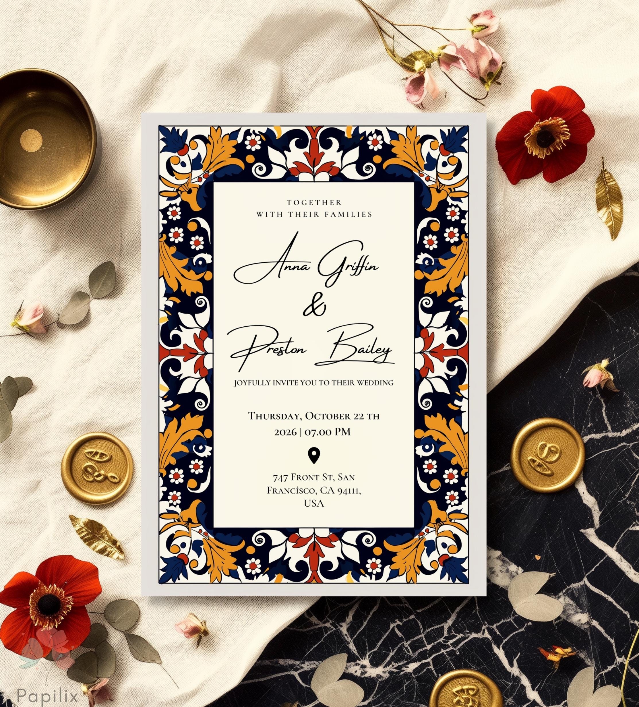 Mexican Wedding Invitation, Talavera Tile Invites, Colorful Fiesta ...