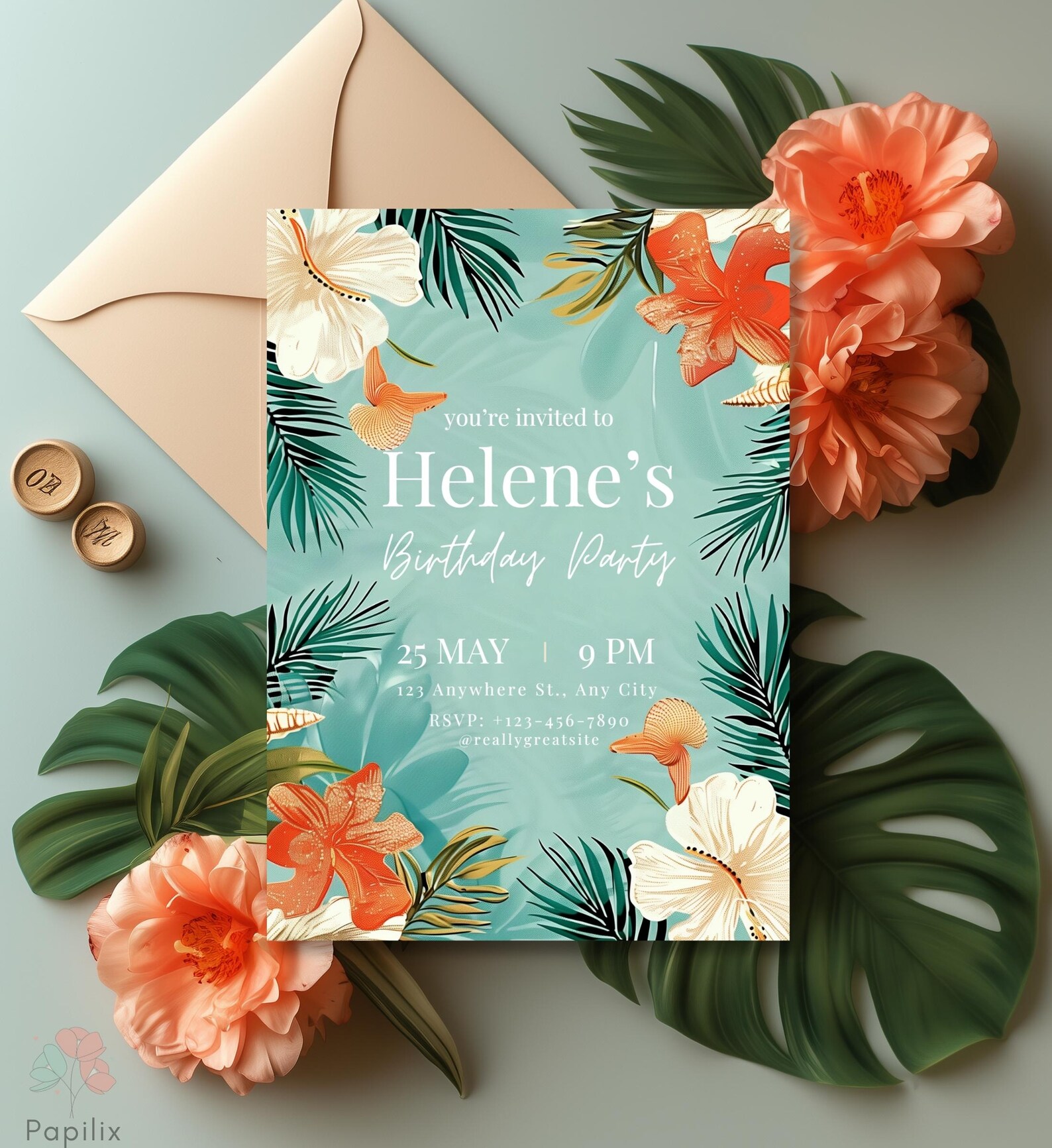 Tropical Flower Birthday Invitation, Hibiscus and Palm Leaf Invite ...